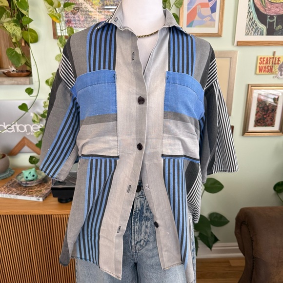 American Vintage | Shirts | Vintage Blue And Grey Patchwork Button Up ...